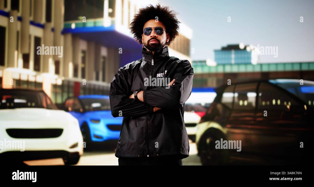 On-duty Security Guard Watches Over Crowded Car Parking Lot Stock Photo ...