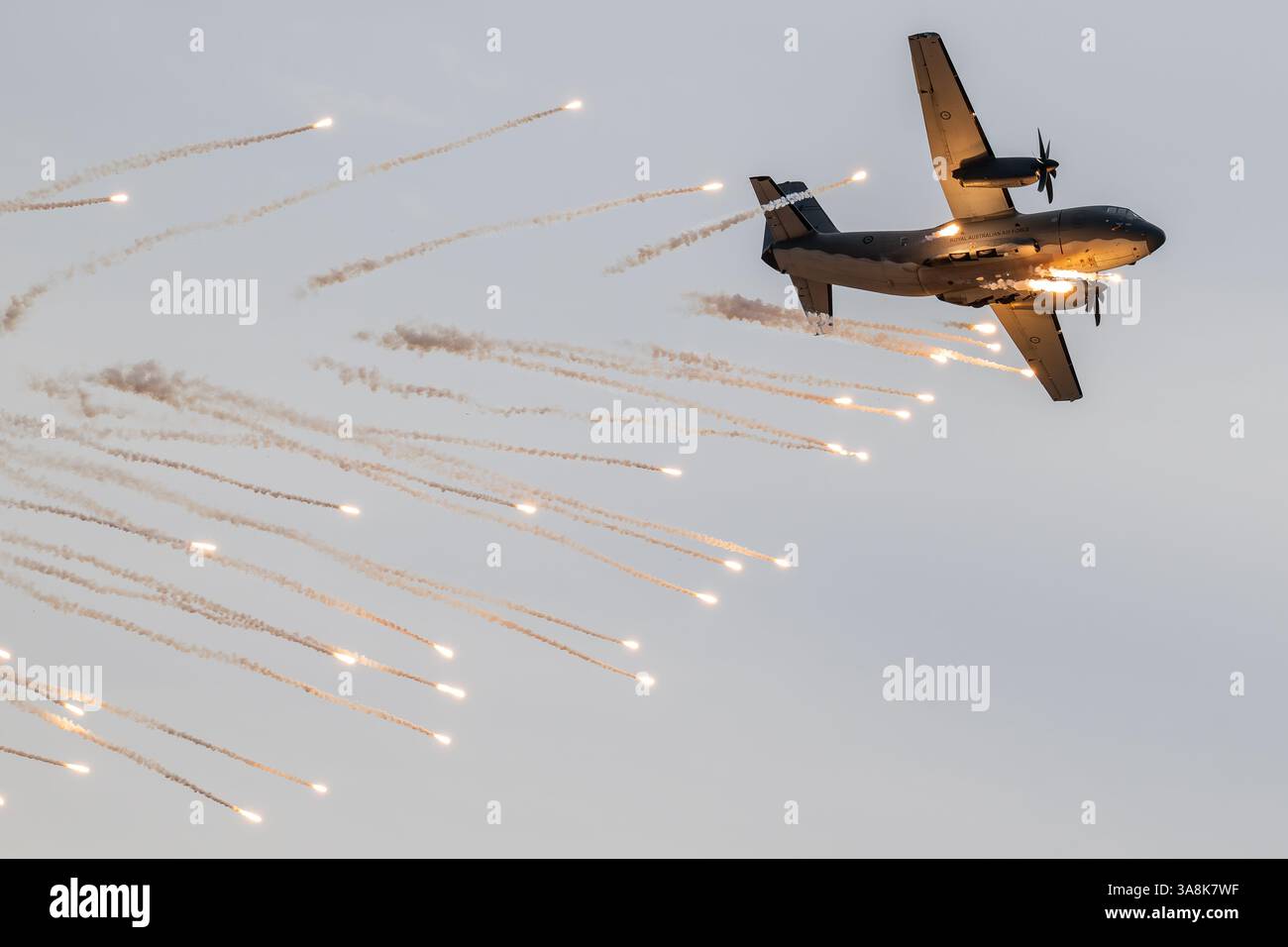 C-27J Spartan seen releasing flares in the sky of Avalon during the Avalon Airshow 2025. Avalon ...