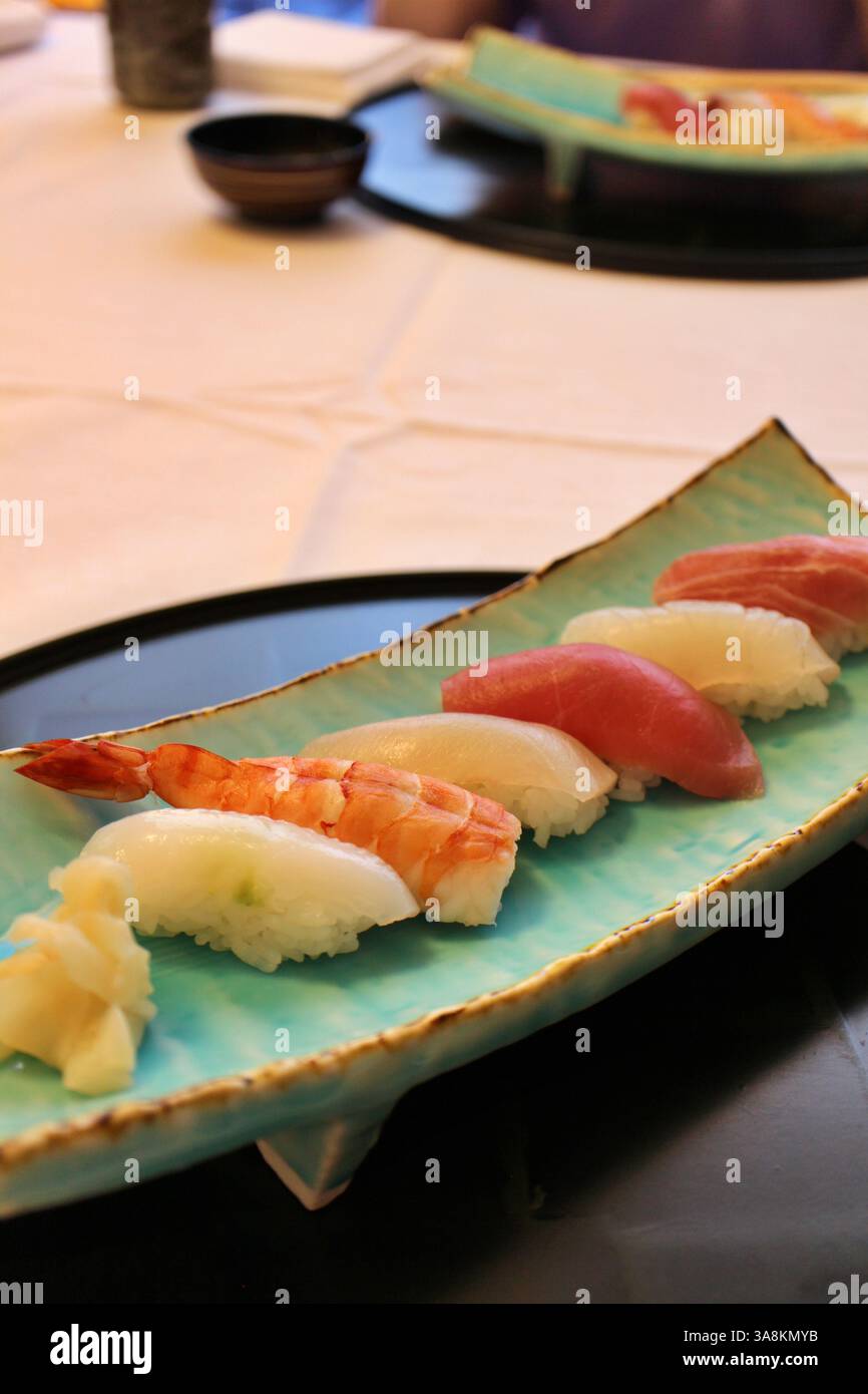 Japanese cuisine: assorted nigiri sushi (tuna, shrimp, squid, etc.) in ...