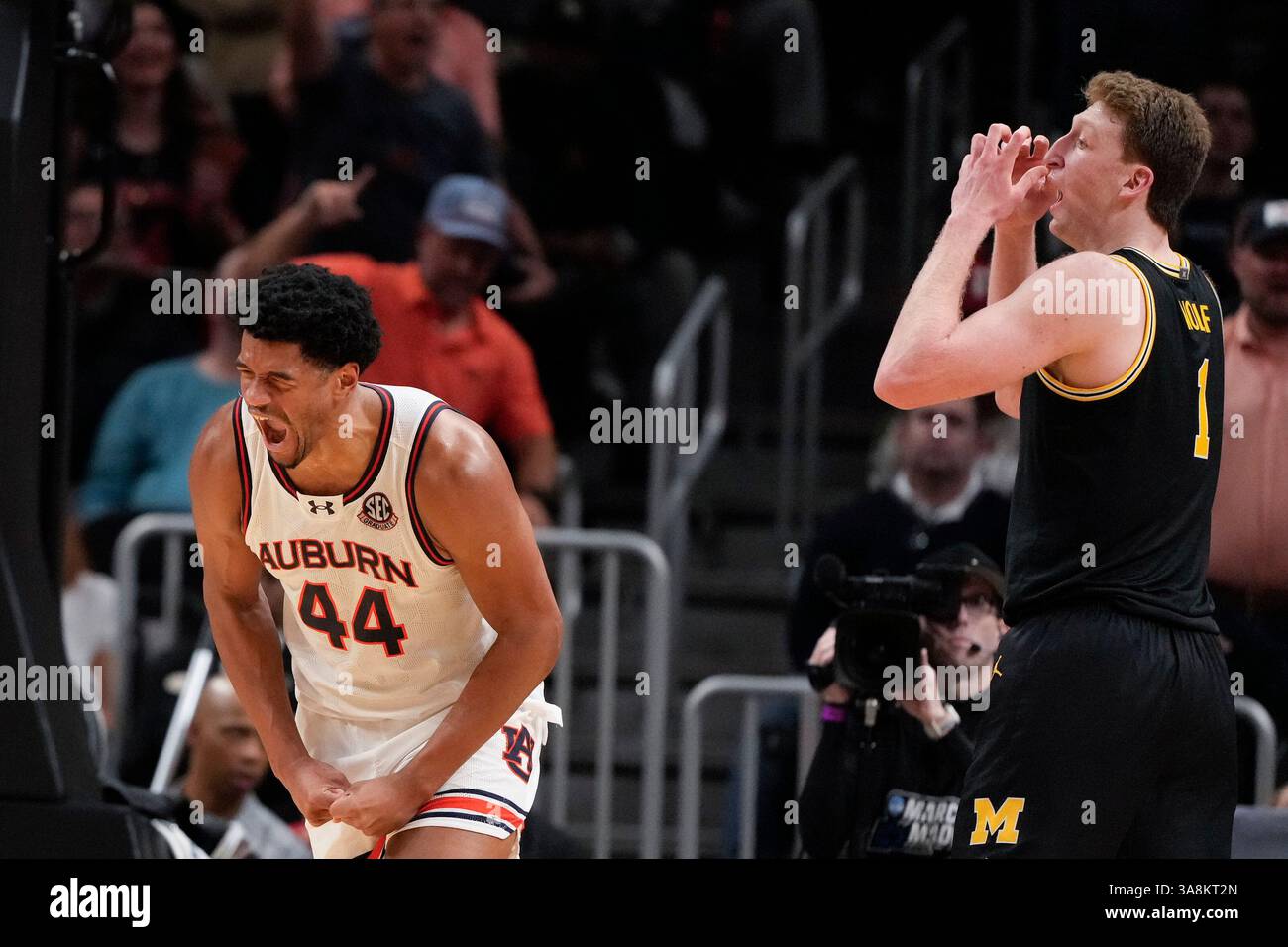 Auburn center Dylan Cardwell (44) celebrates a play against Michigan ...