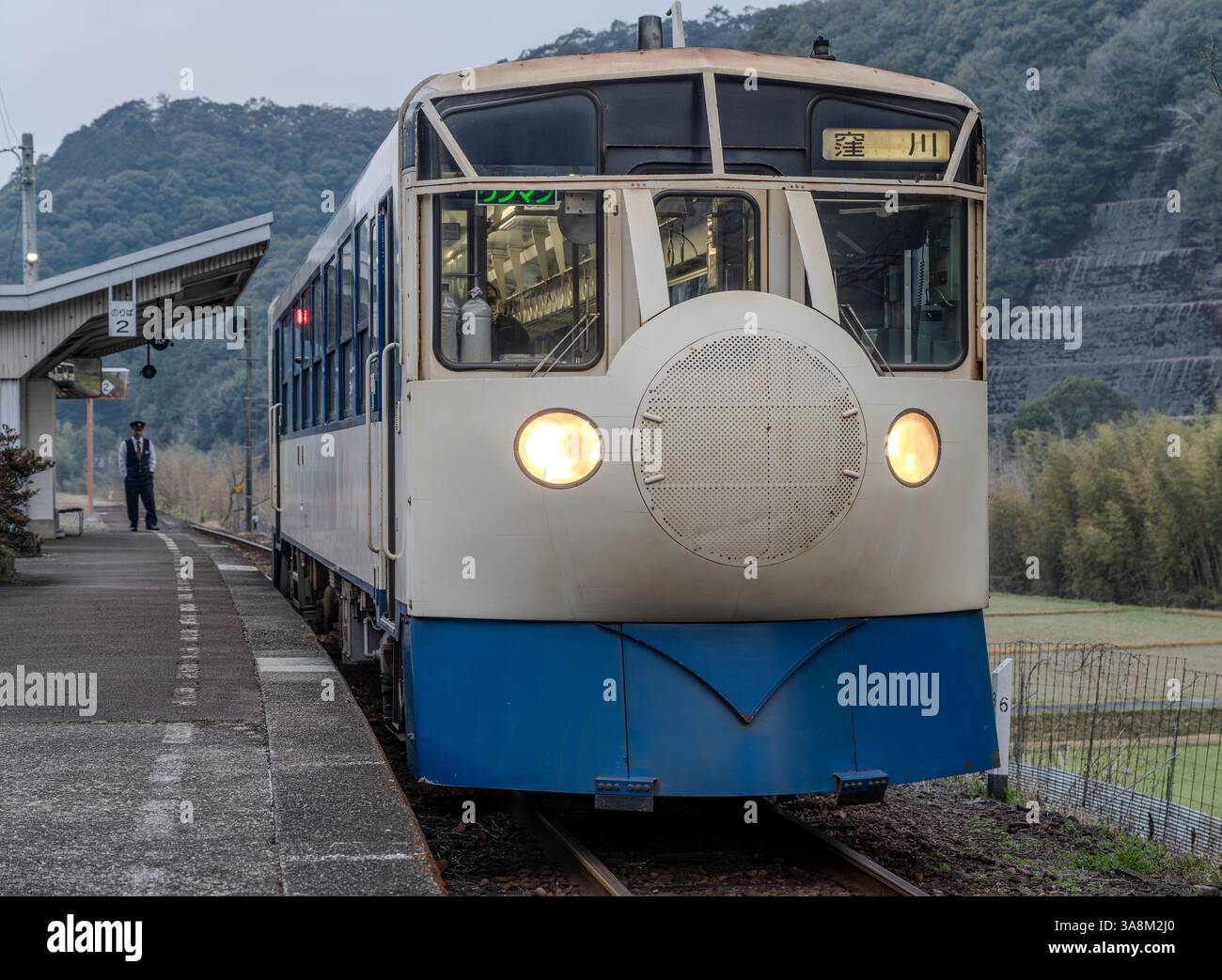 A KiHa 32 Series train painted to resemble the Shinkansen at Ekawasaki Station on the JR Shikoku ...
