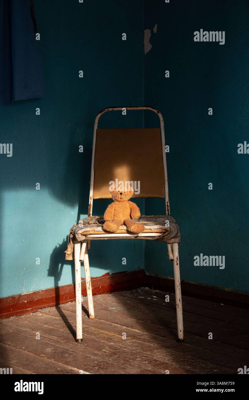 Brown soft teddy bear sitting on a chair in an old abandoned house in ...