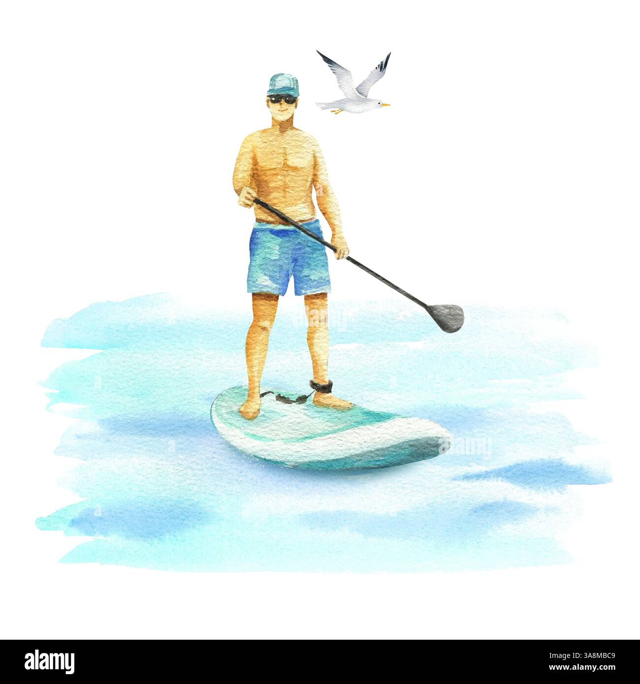 young man with seagull swims on SUP board. Standup paddle boarder ...