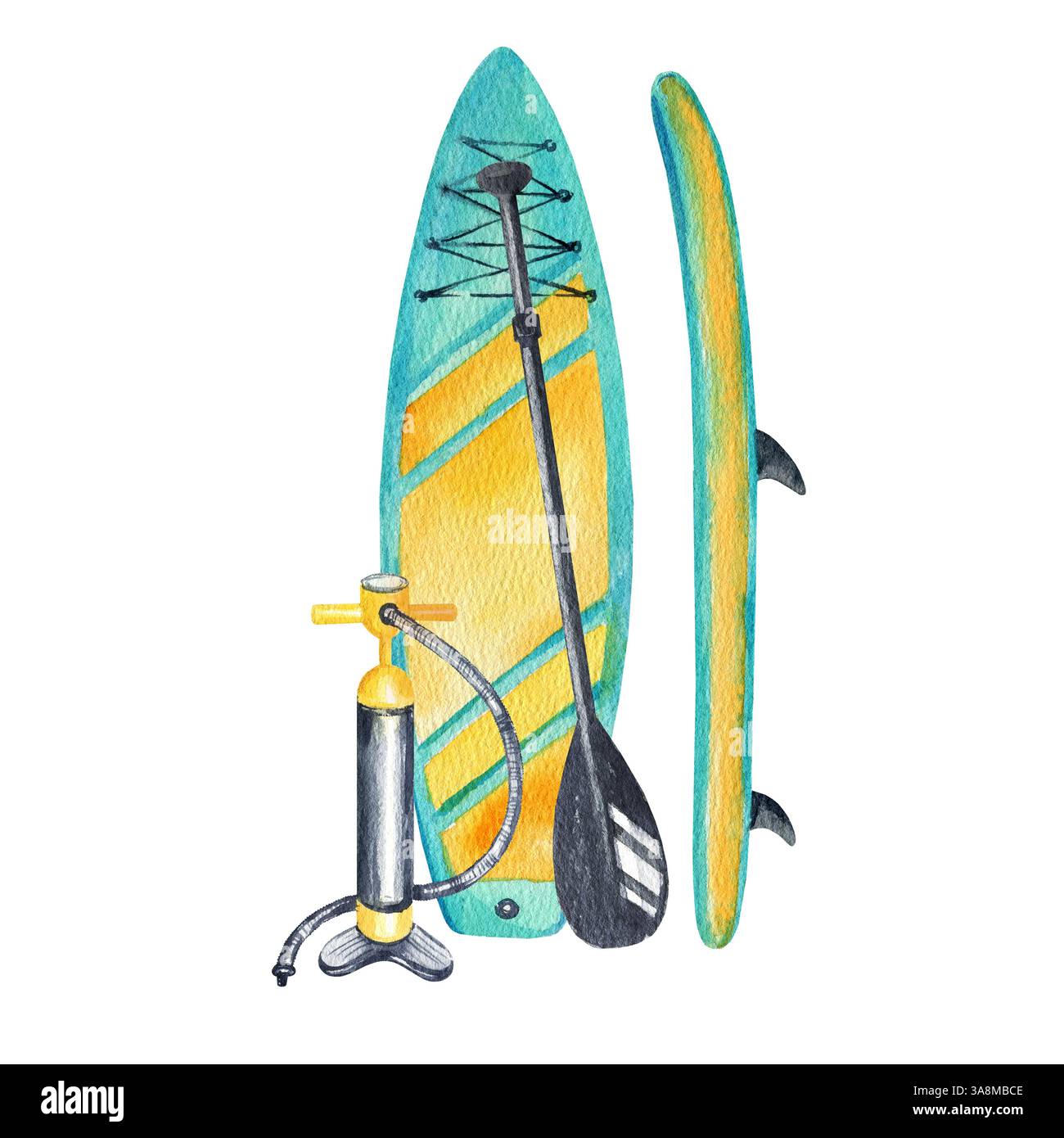 watercolor inflatable blue and yellow paddleboard, black paddles, pump ...