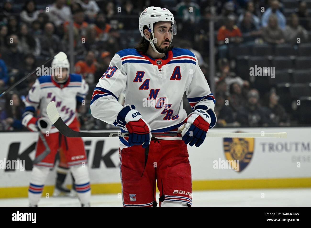 New York Rangers center Mika Zibanejad (93) waits for a face off ...