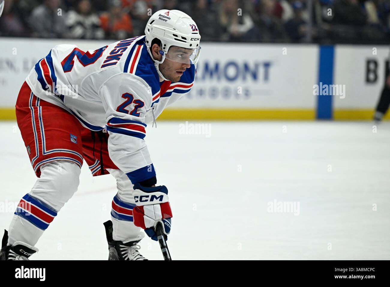 New York Rangers center Jonny Brodzinski (22) waits for a face off ...