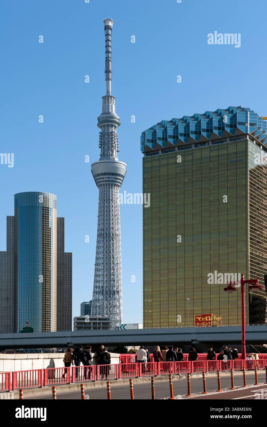 Tokyo Skytree, the radio and TV broadcasting tower, rising high above Tokyo's Asakusa ...