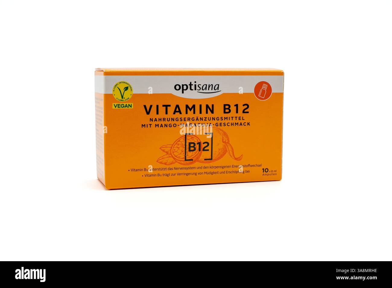 Germany Berlin March 28, 2025. Vitamin B12 box. The box is orange and ...