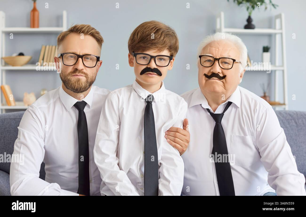 Funny serious multi generation family of men wearing fake mustaches and ...