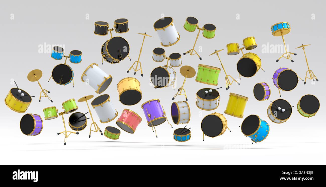 Many of flying drums with metal cymbals or drumset on white background ...