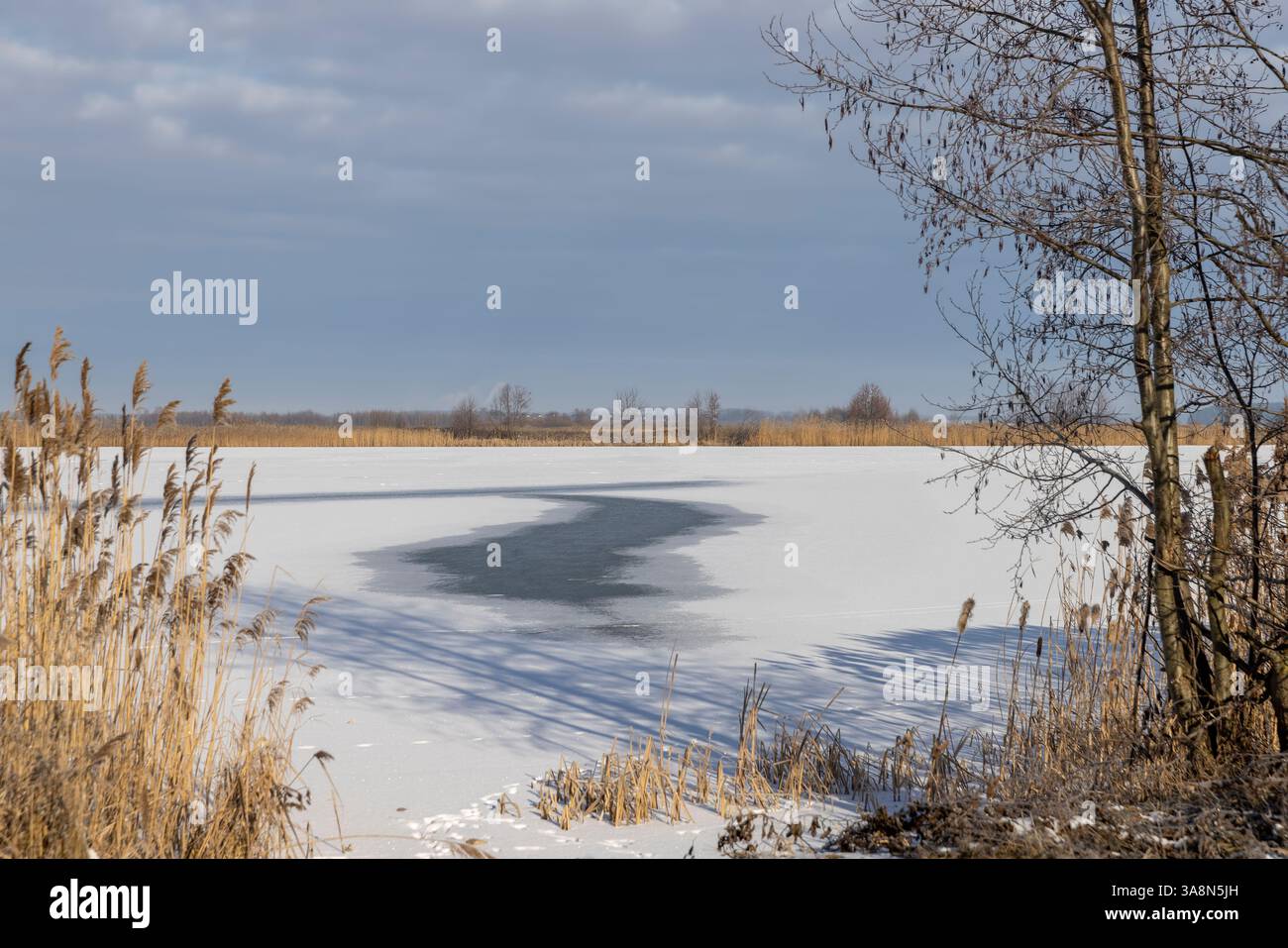 the lake covered with ice , the winter frozen lake after night frosts ...