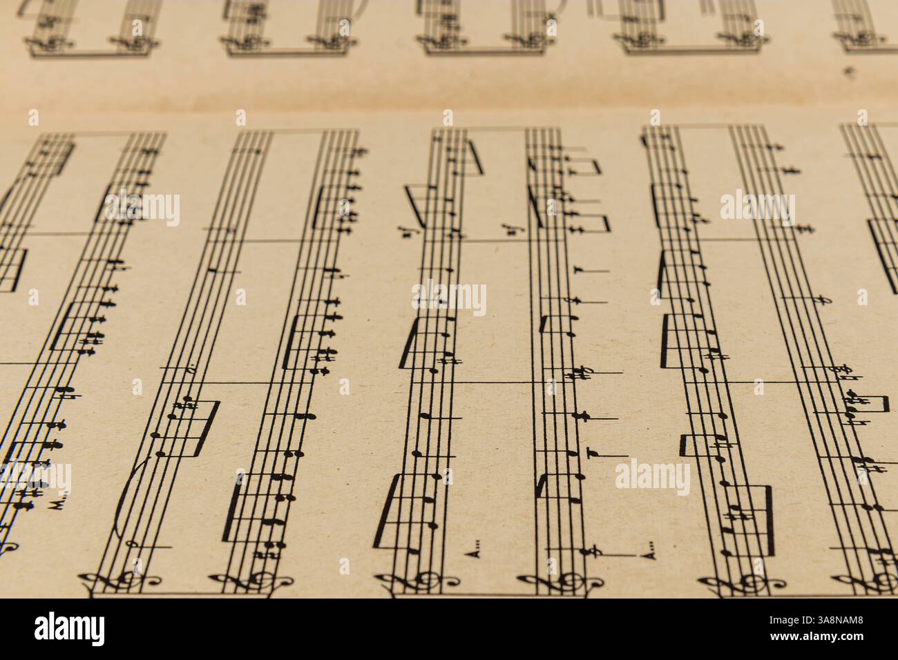 Detailed sheet music displayed on a textured manuscript page. Musical ...