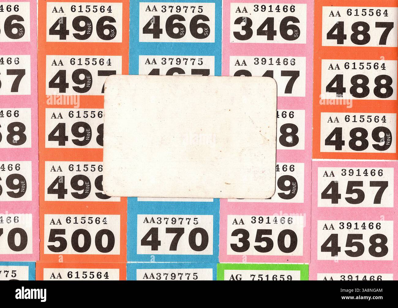 A montage of of vintage raffle tickets with a panel for text on a white ...