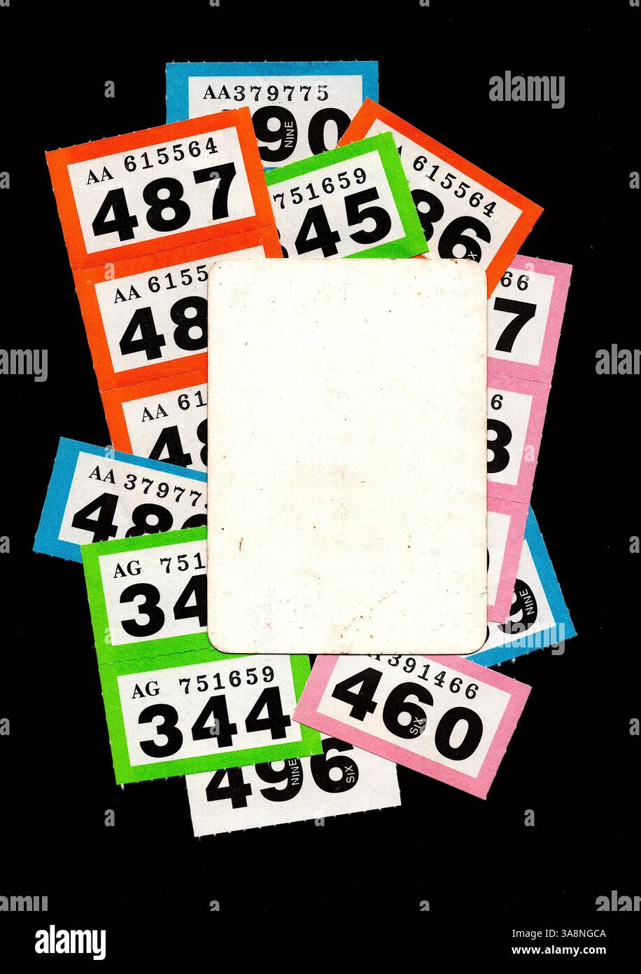 A montage of vintage raffle tickets with a panel for text on a black ...