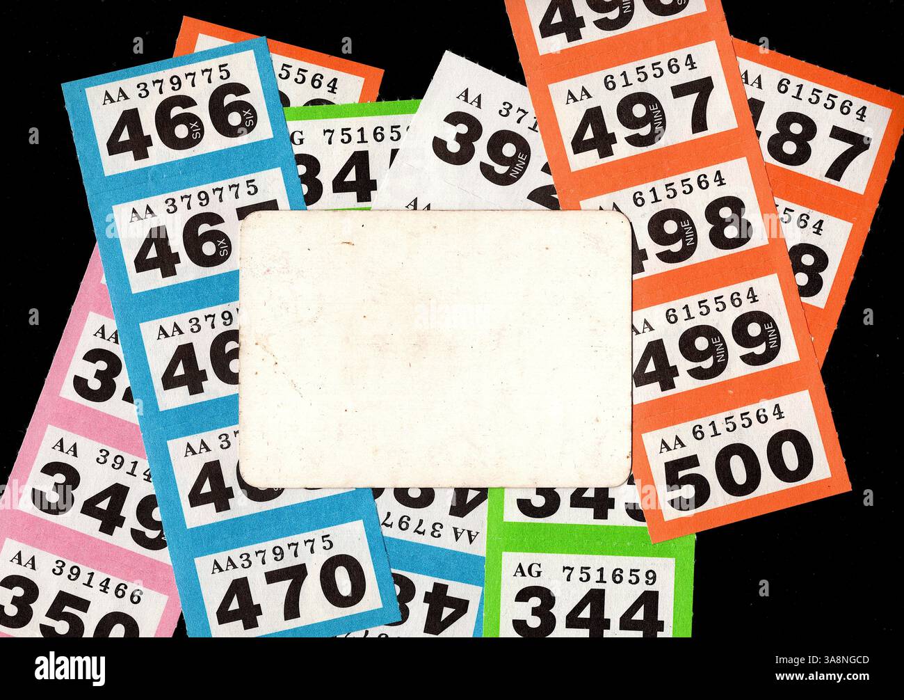 A montage of vintage raffle tickets with a panel for text on a black ...