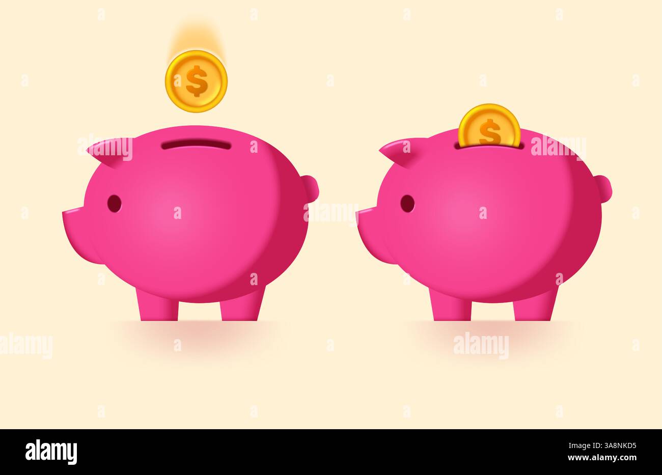 Piggy bank cute pig in pink color with falling gold coin. Concept of ...