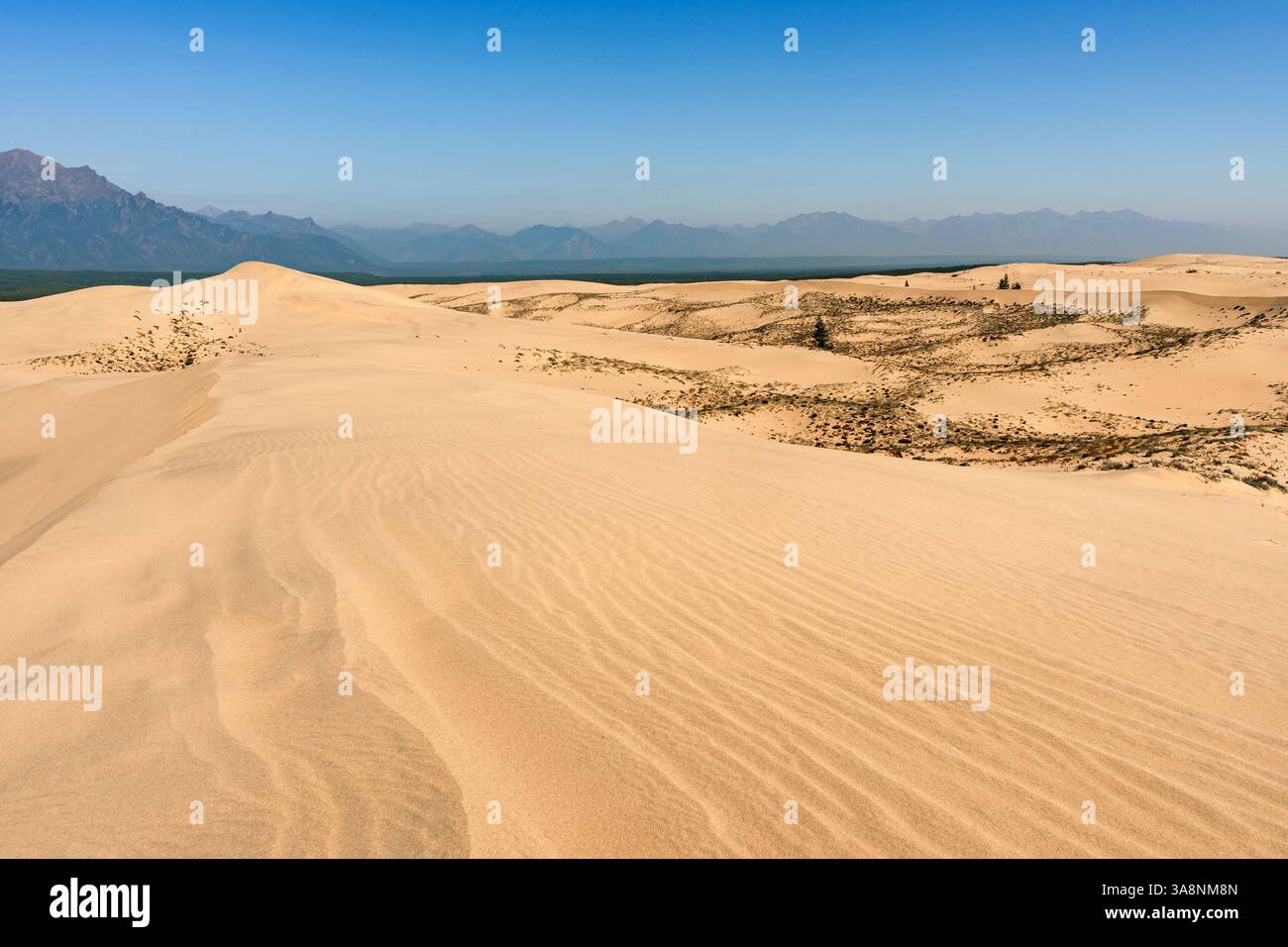 Chara sands and Kodar mountain range. Siberian desert surrounded by ...