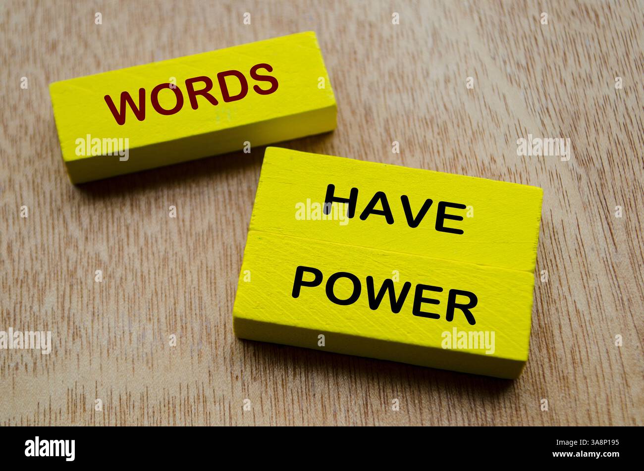 Top view of Words Have Power text on yellow wooden block. Knowledge ...