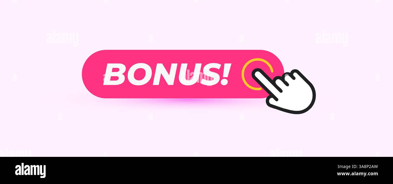 Pink bonus button with click hand icon. Call to action banner for ...