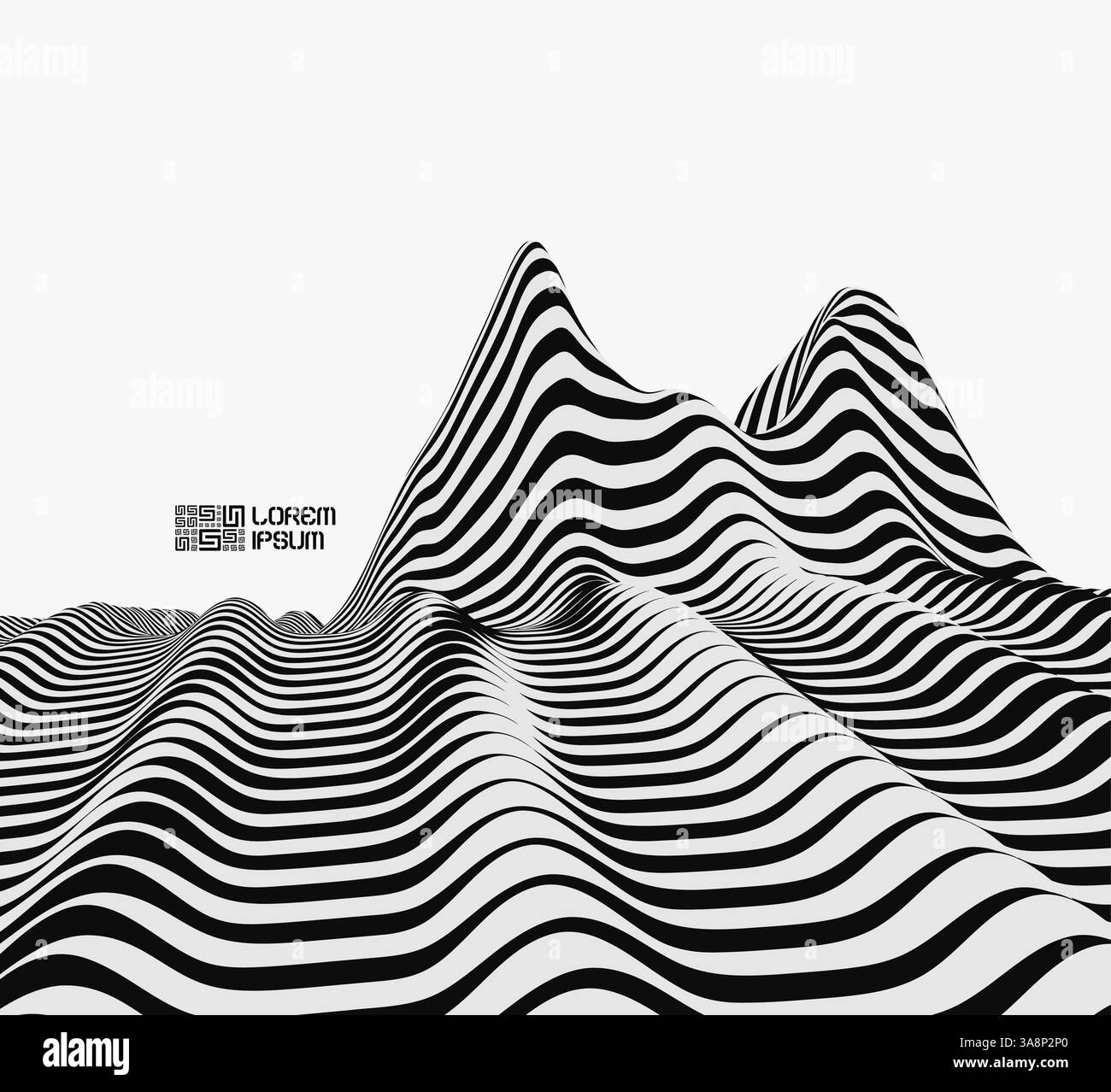 Landscape background. Terrain. Black and white background. Pattern with optical illusion. 3D ...