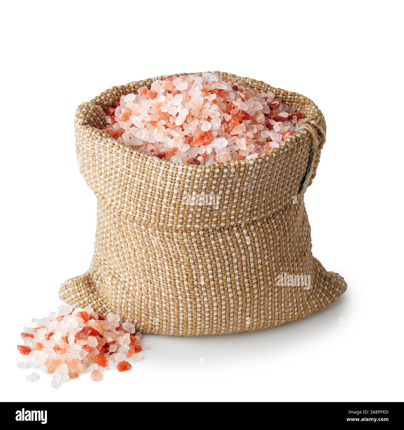 Himalayan salt in sack and heap isolated on white background Stock ...