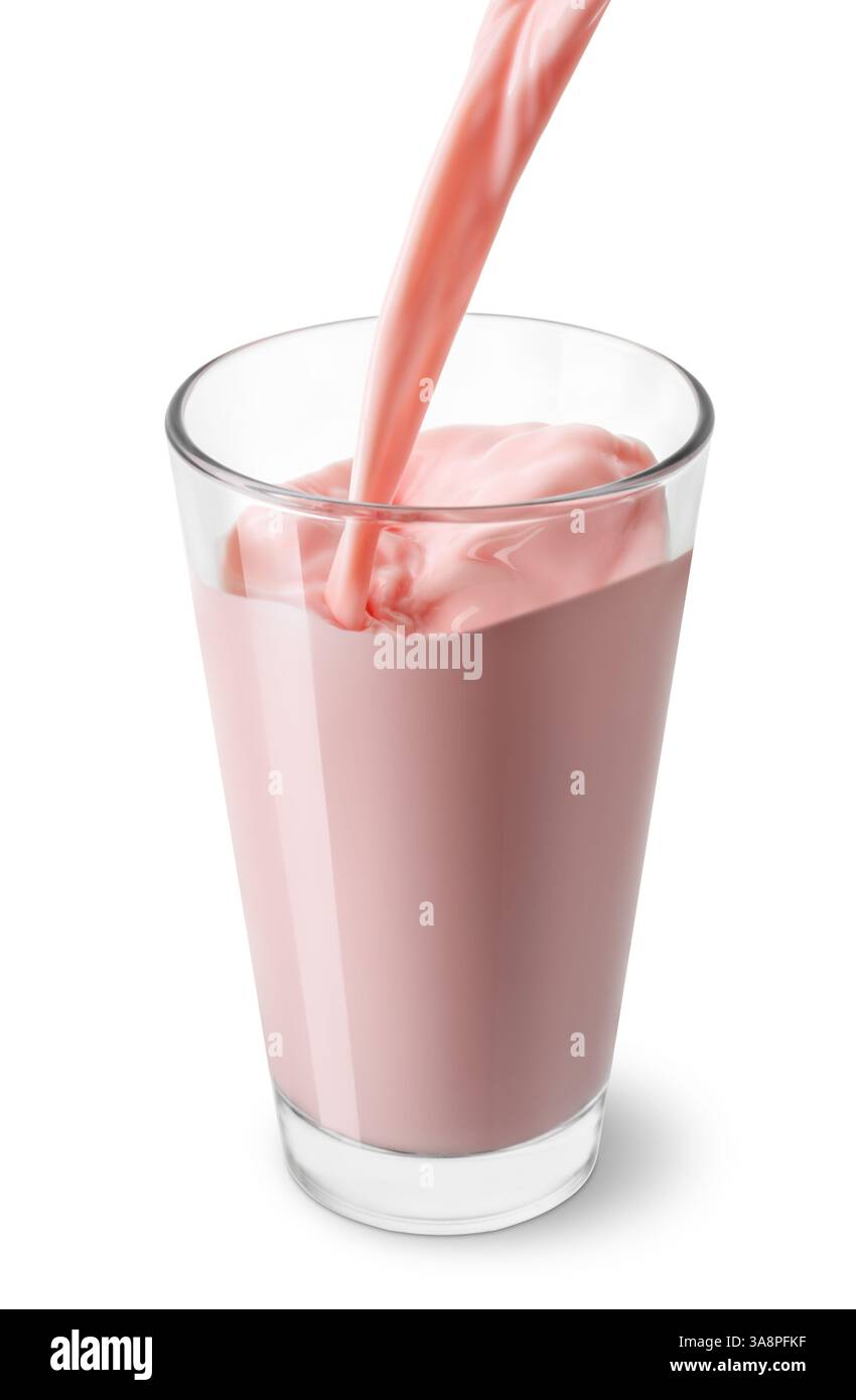 pouring strawberry or cherry milk in glass with wave surface level ...