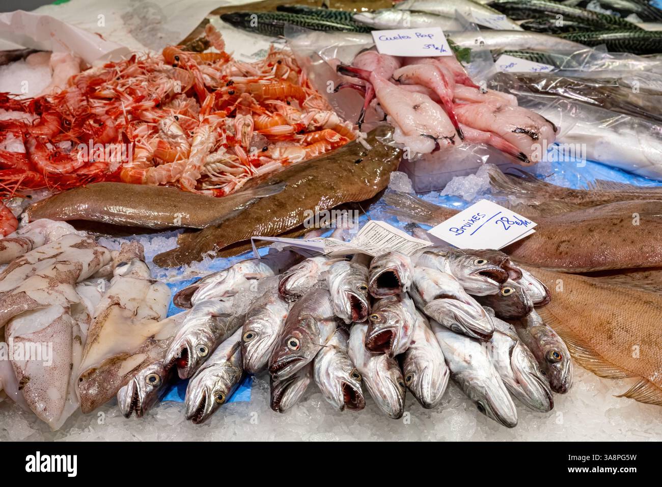 Fresh fish and seafood for sale at a market in Barcelona, Spain Stock ...