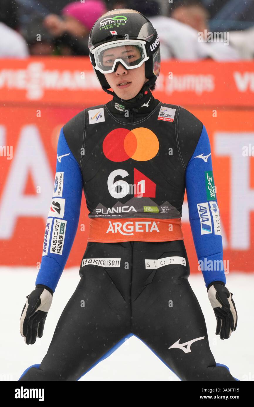 Japan's Ren Nikaido reacts during HS240 ski flying team competition at ...