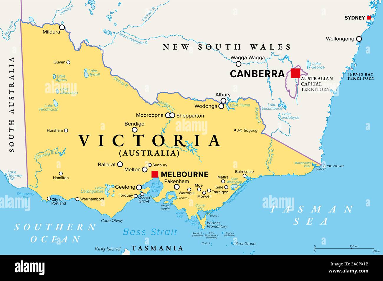 Victoria, state in southeastern Australia, political map. Commonly abbreviated Vic, 2nd-smallest ...