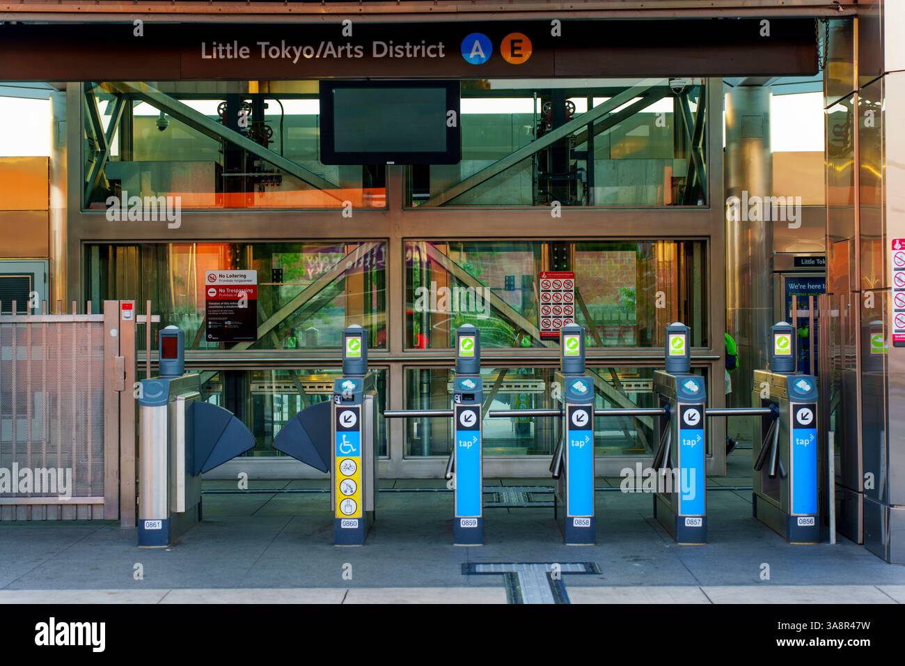 Los Angeles, California - December 4, 2024: Vibrant transit turnstiles ...