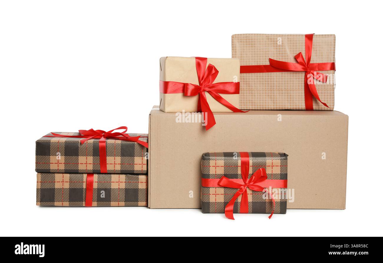 Parcel with gift boxes on white background Stock Photo - Alamy
