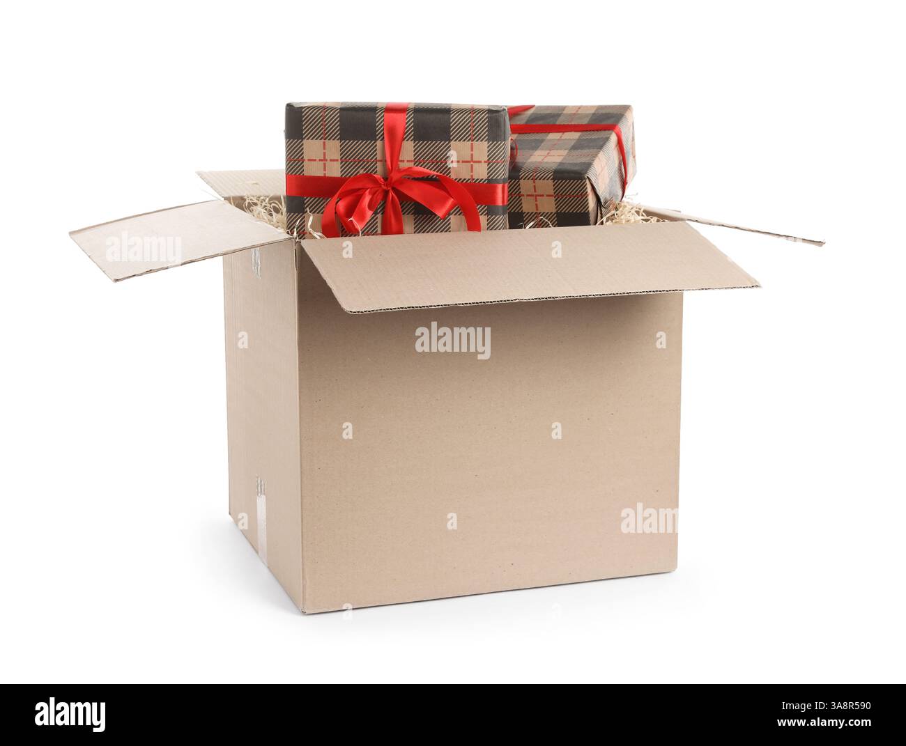 Parcel with gift boxes on white background Stock Photo - Alamy