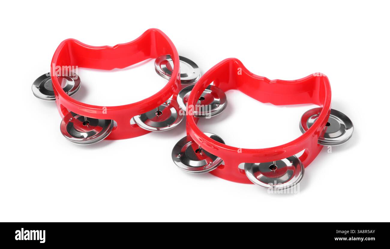 Red toy tambourines isolated on white. Child's musical instrument Stock ...