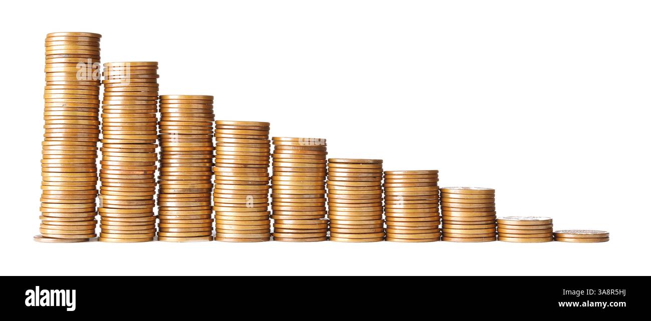 Stacks of different coins isolated on white Stock Photo - Alamy