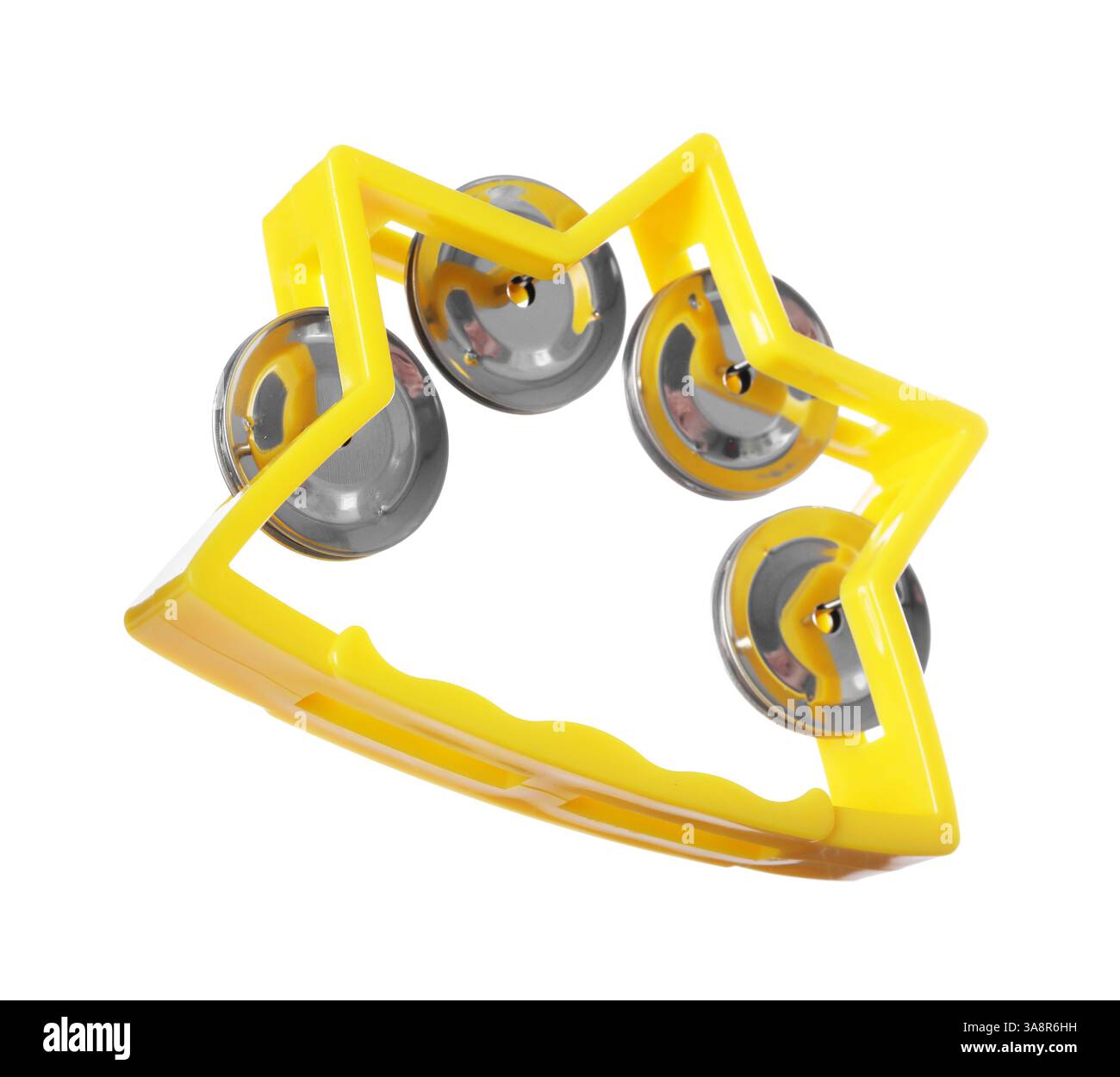 Yellow toy tambourine isolated on white. Child's musical instrument ...