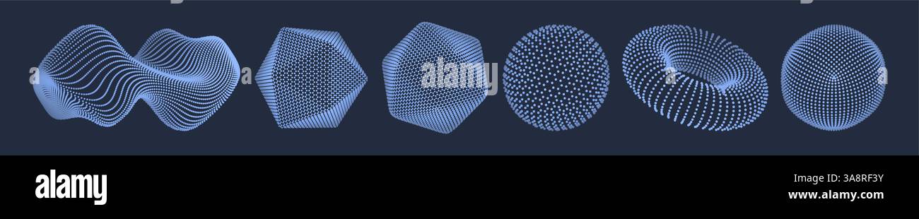 Set of geometric shapes for design. Crystal, sphere, torus, cube and wave made up of small ...