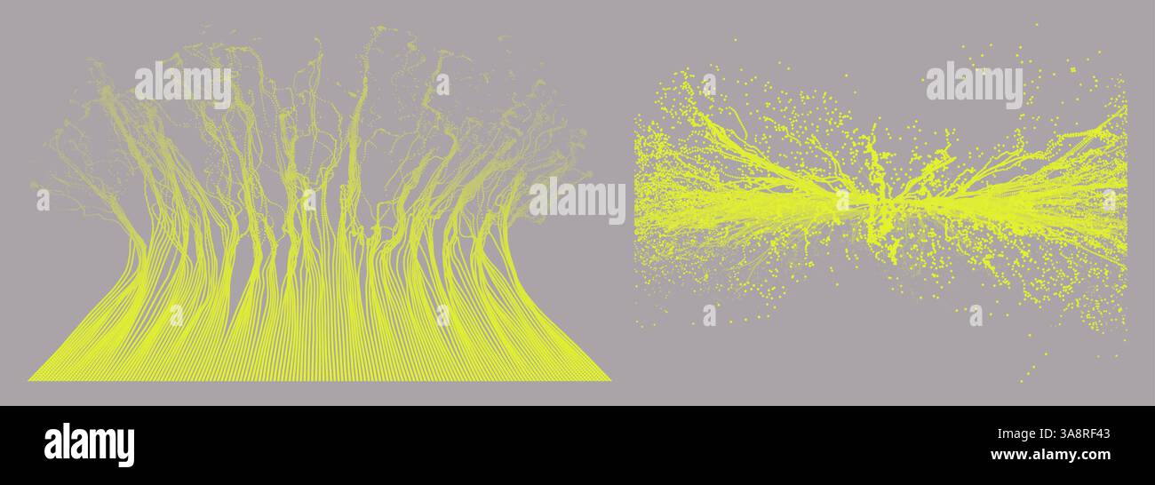 Array with dynamic emitted particles. Point explode. Water splash imitation. Abstract background ...