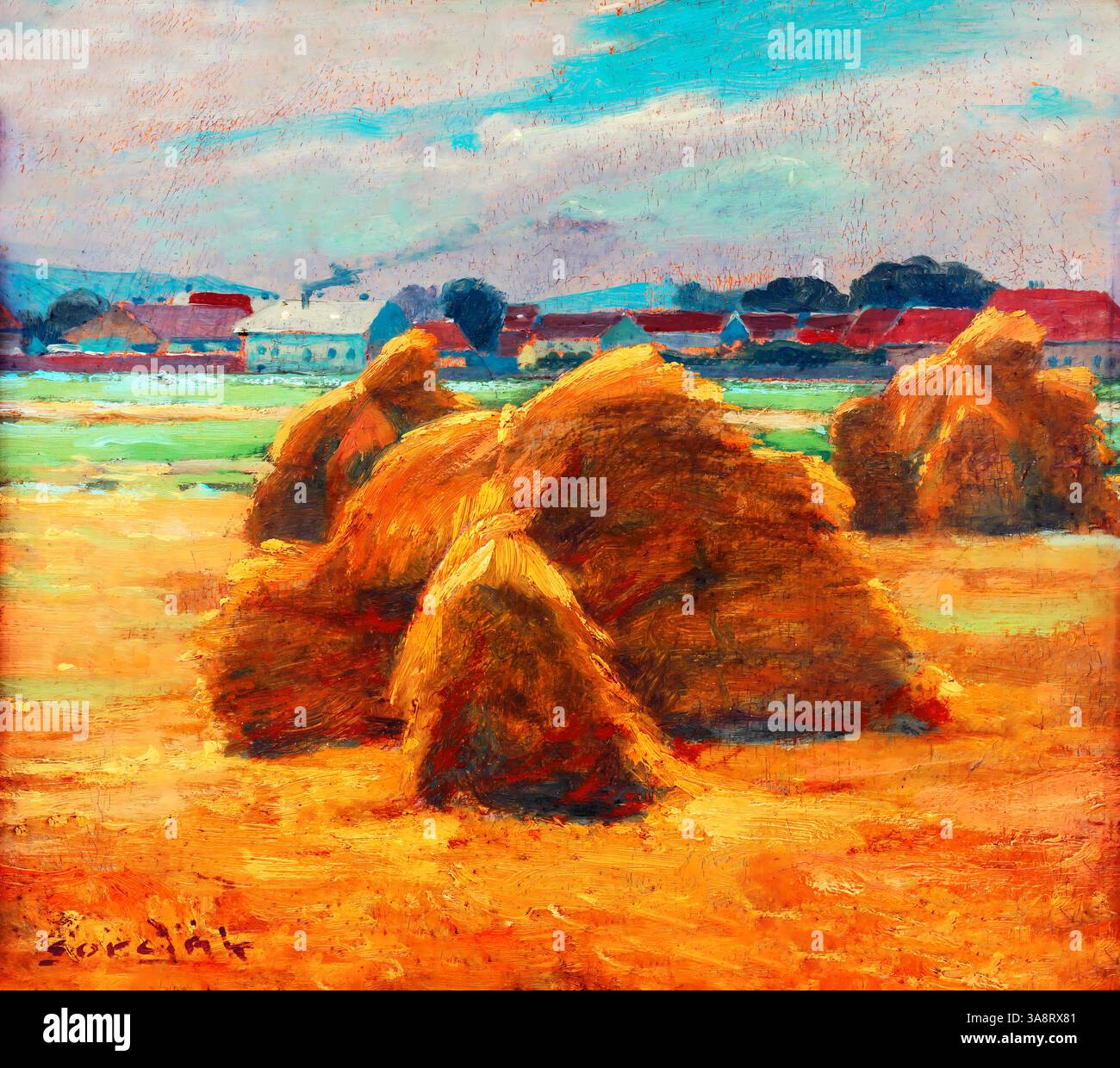 A vibrant and colorful depiction of haystacks situated in a lush green ...