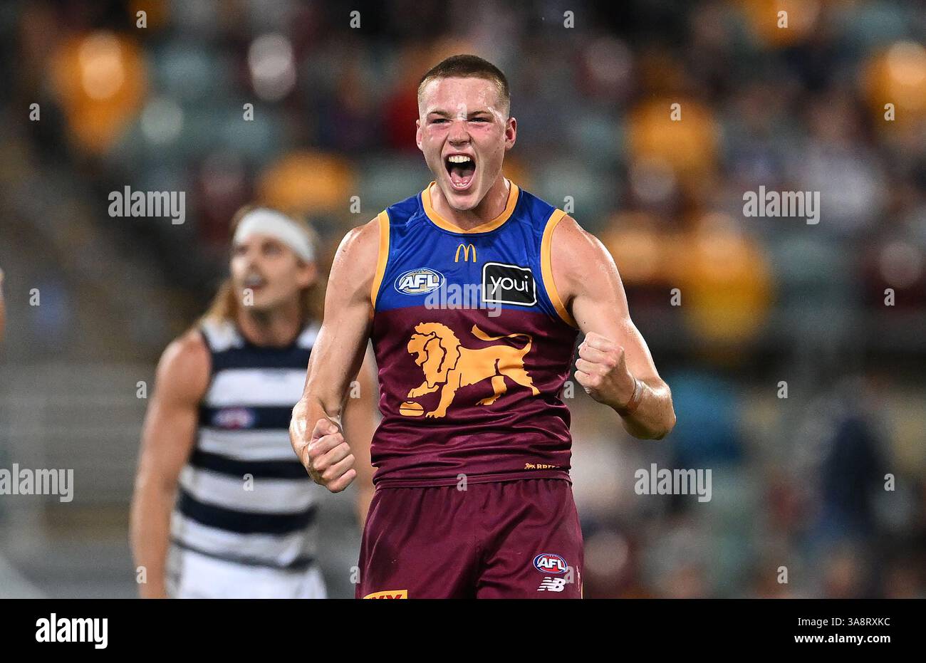 Brisbane, Australia. 29th Mar, 2025. Logan Morris of the Lions reacts ...