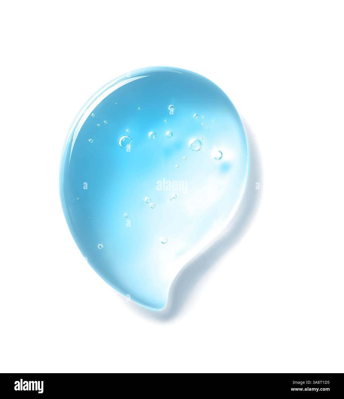 A vibrant blue hair gel droplet featuring air bubbles isolated on white ...