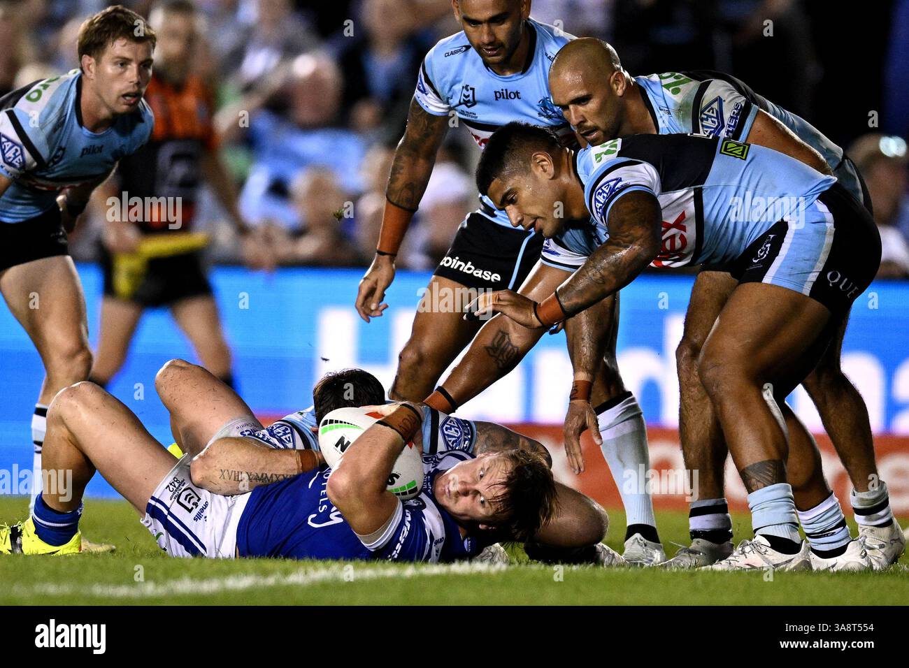 Jacob Preston of the Bulldogs reaches for the try line during the NRL ...