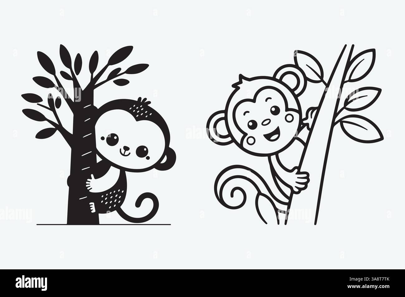Cute monkey illustrations playful jungle animal line art Stock Vector ...