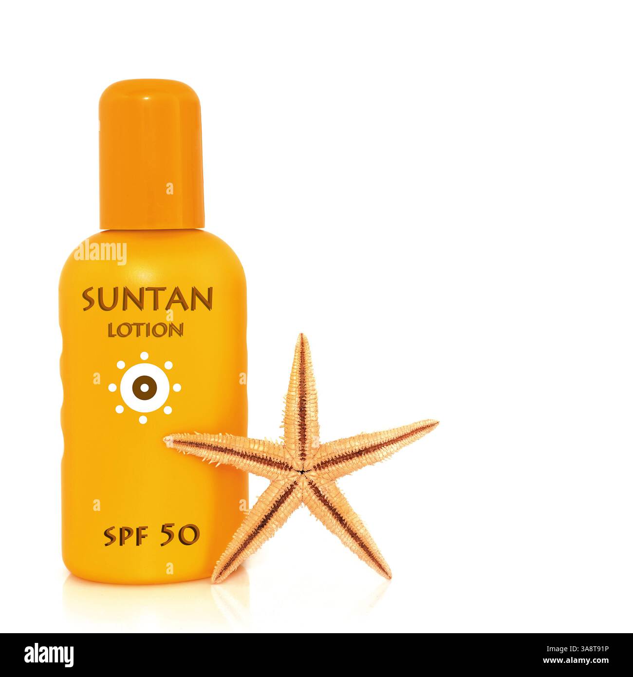 Suntan lotion bottle SPF 50 with starfish seashell on white background ...