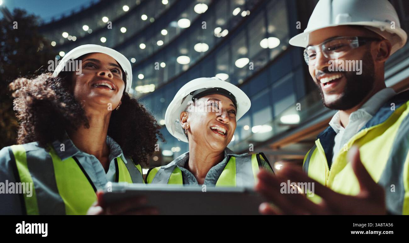 Night, engineering and people with tablet, funny and conversation with ...