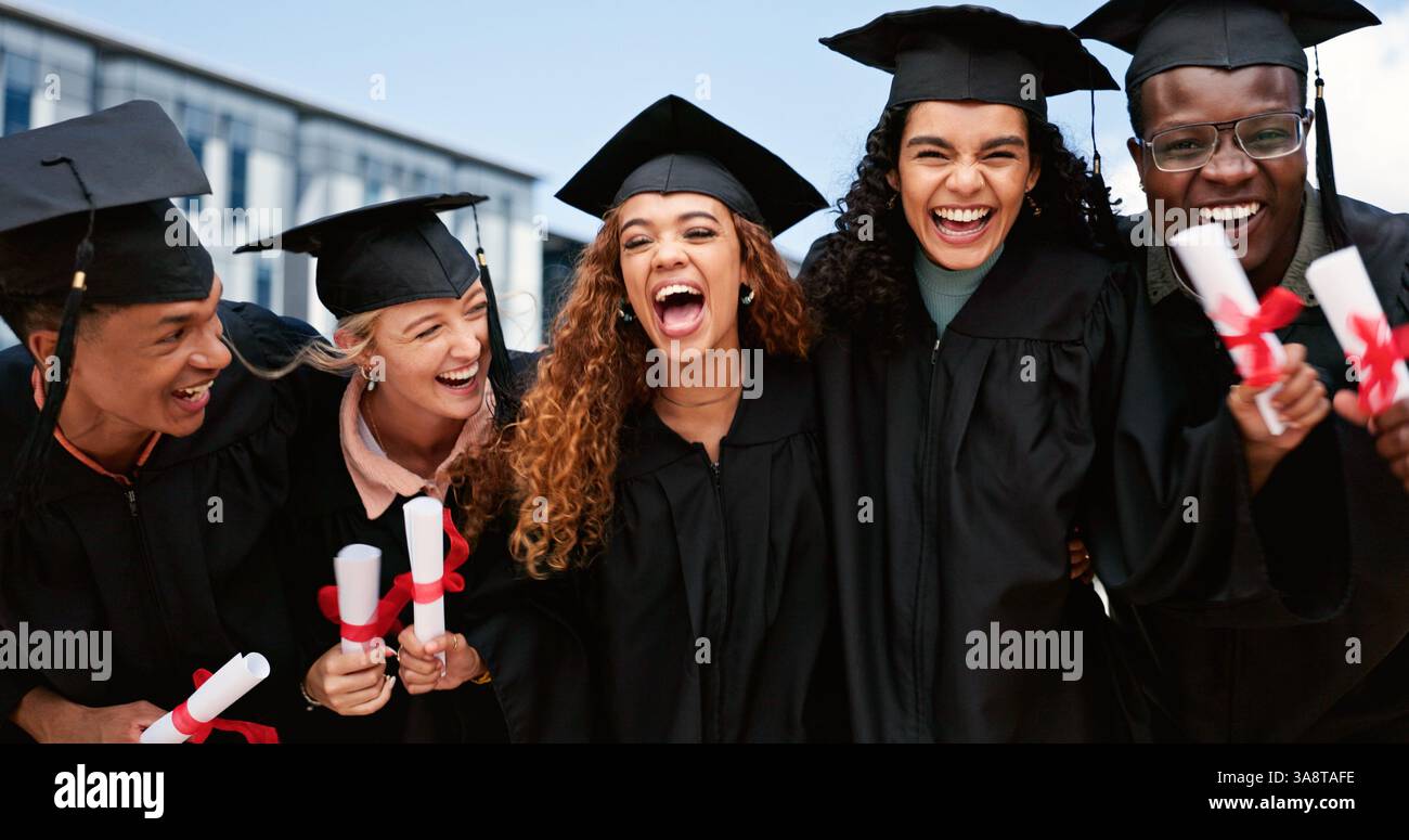 Outdoor, happy people or friends laughing at graduation for education ...