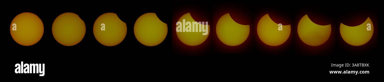 Wimbledon, London, UK. 29th Mar, 2025. Image sequence showing partial eclipse of the Sun from ...