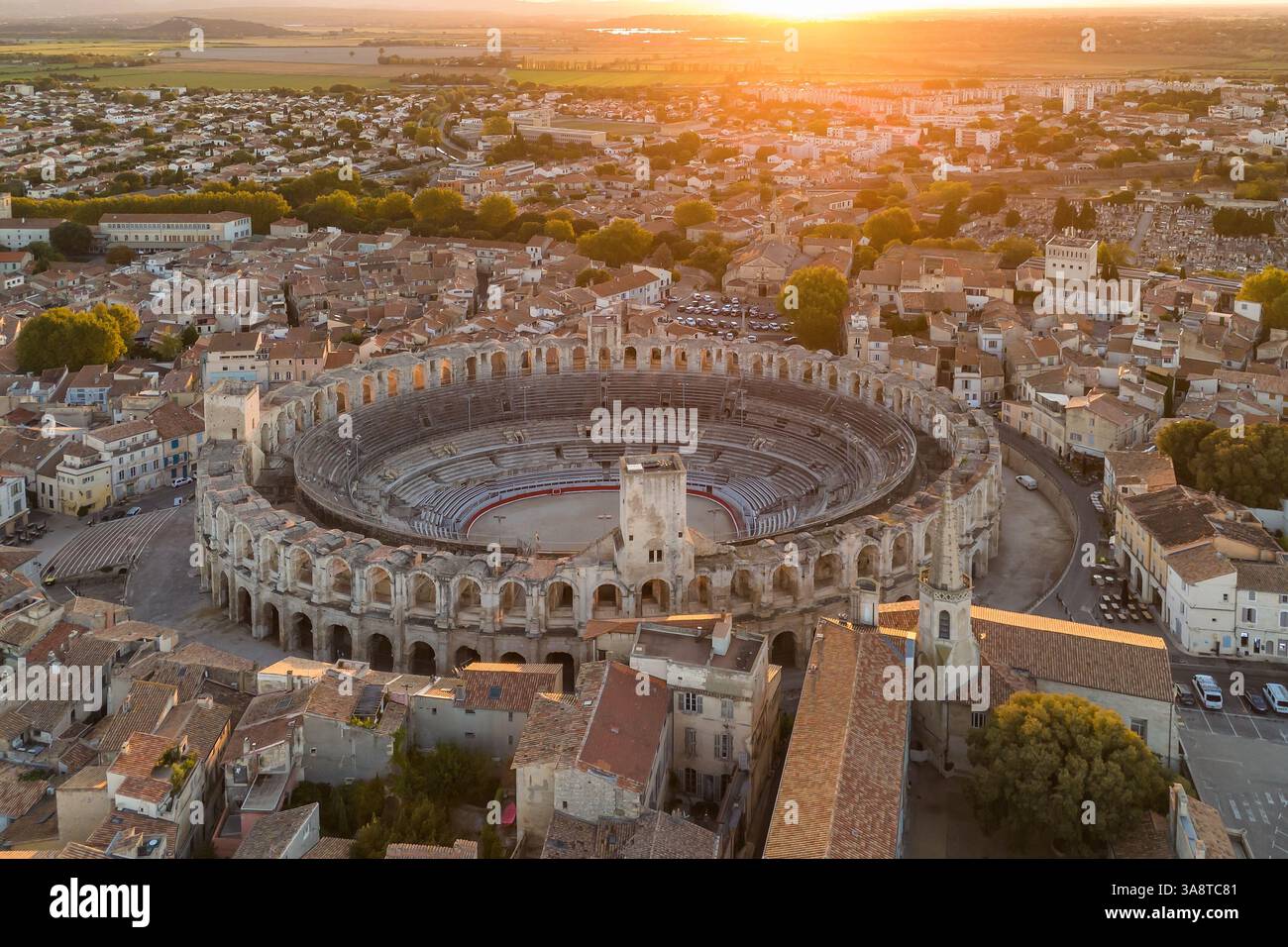 Aerial view of the Arles cityscape at sunrise, South of France Stock ...