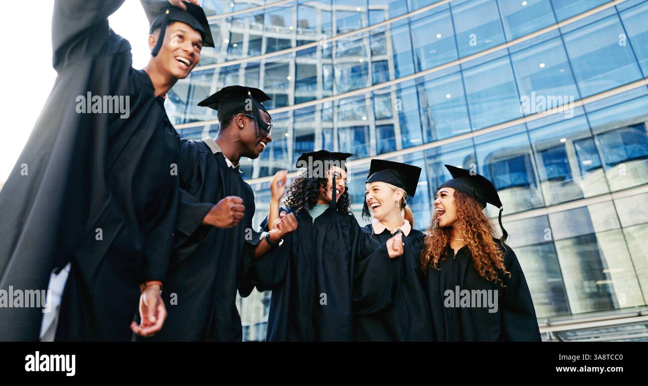 Happy, students and laugh at graduation outdoor of learning success ...