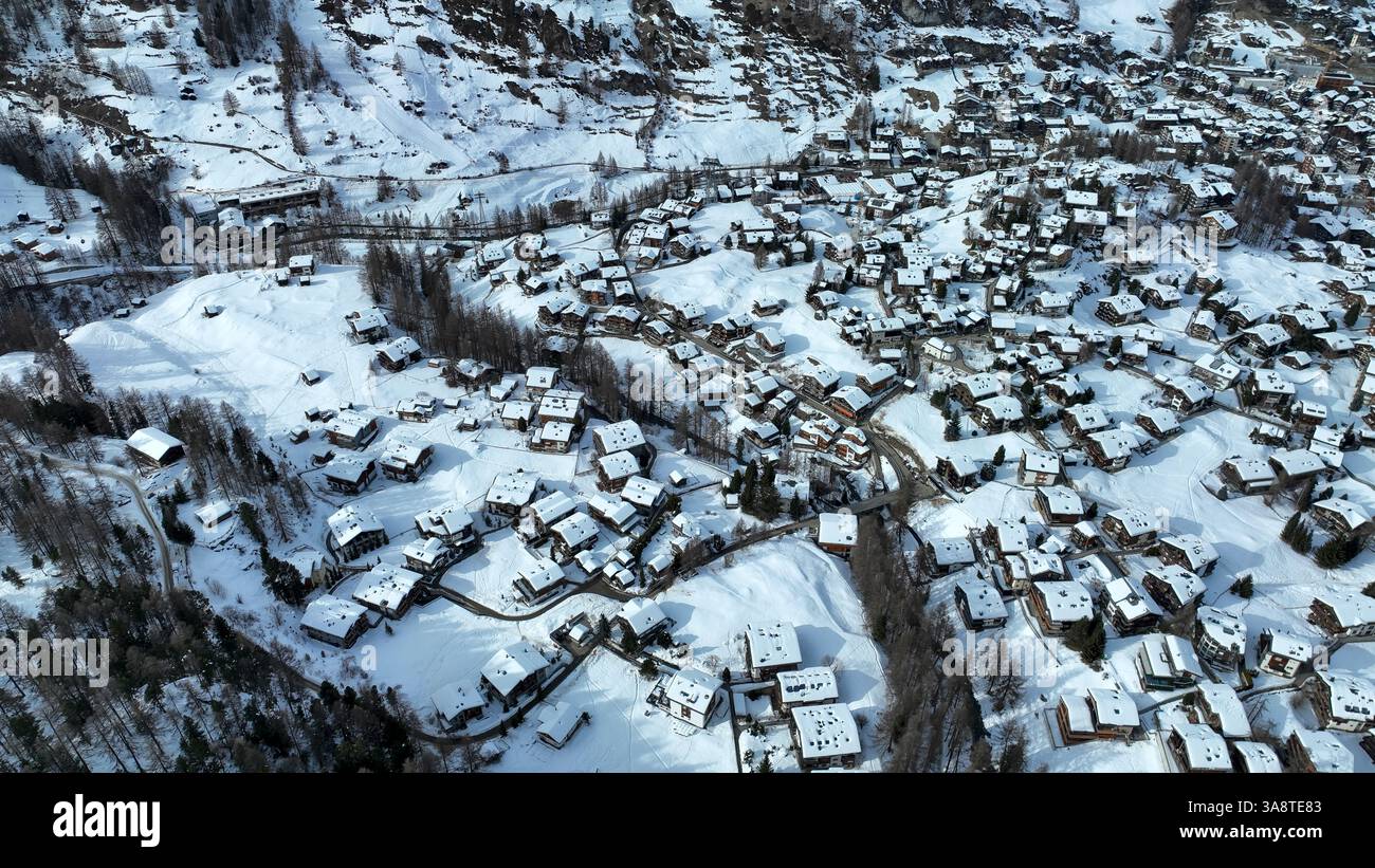 Zermatt town and Matterhorn mountain aerial panoramic view in the ...