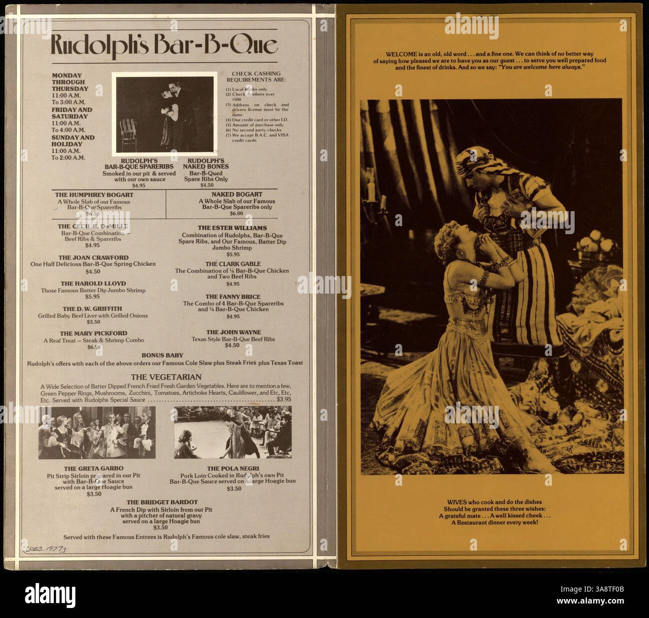 This vintage tri-fold menu from Rudolph's Bar-B-Que features celebrity ...